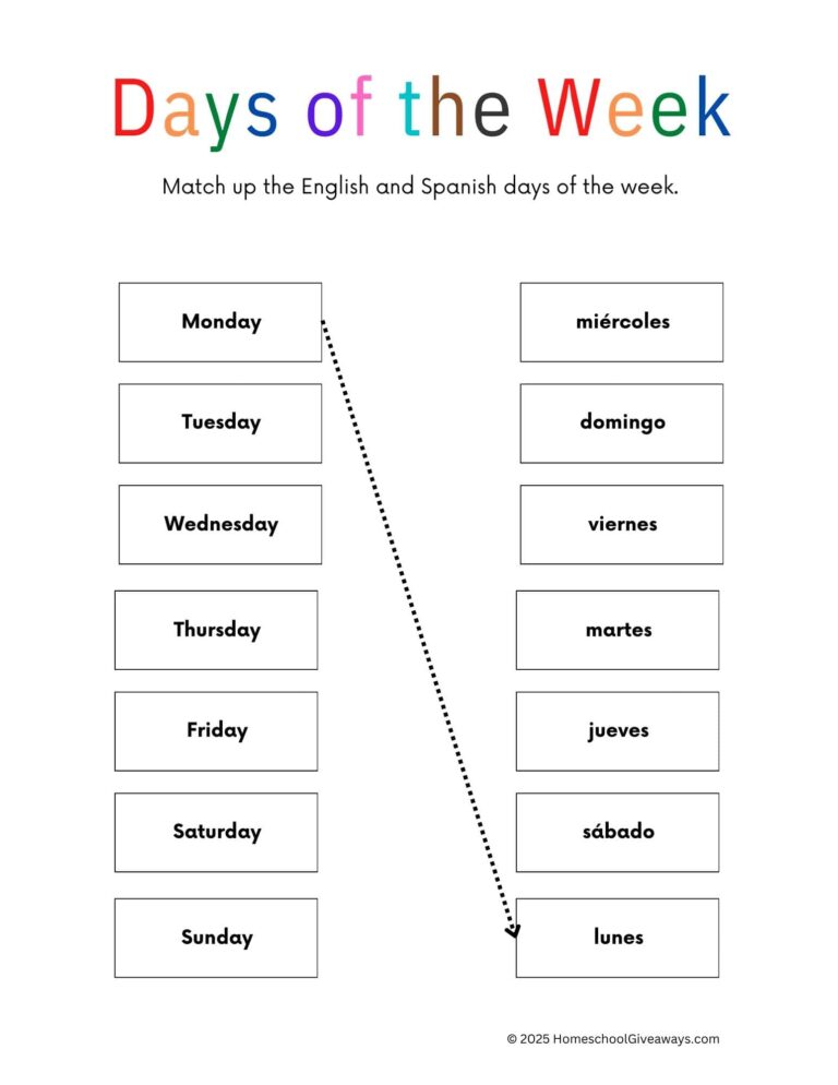 Spanish Days of the Week Worksheets - Homeschool Giveaways